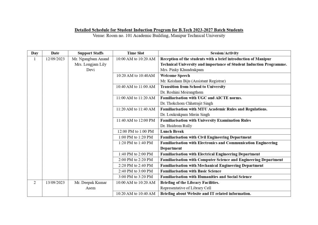 Student Induction Programme B.Tech 2023 Batch – MTU